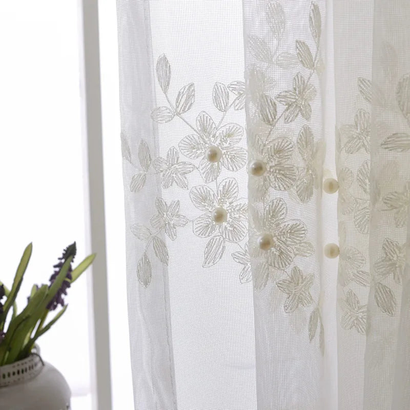 Brittany Floral Embroidery With Pearls Sheer Curtain – Discover Curtains
