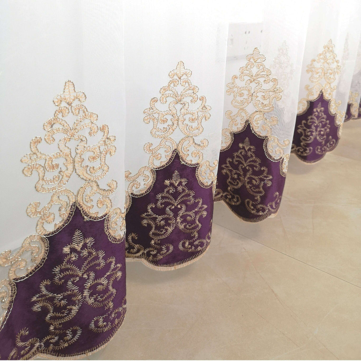 Brittany Velvet Embroidered White Sheer - Purple – Discover Curtains