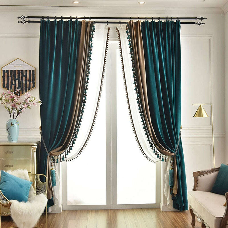 Ethan American Spliced Luxury Velvet Curtains: Peacock Green-Cedar Gra – Discover Curtains