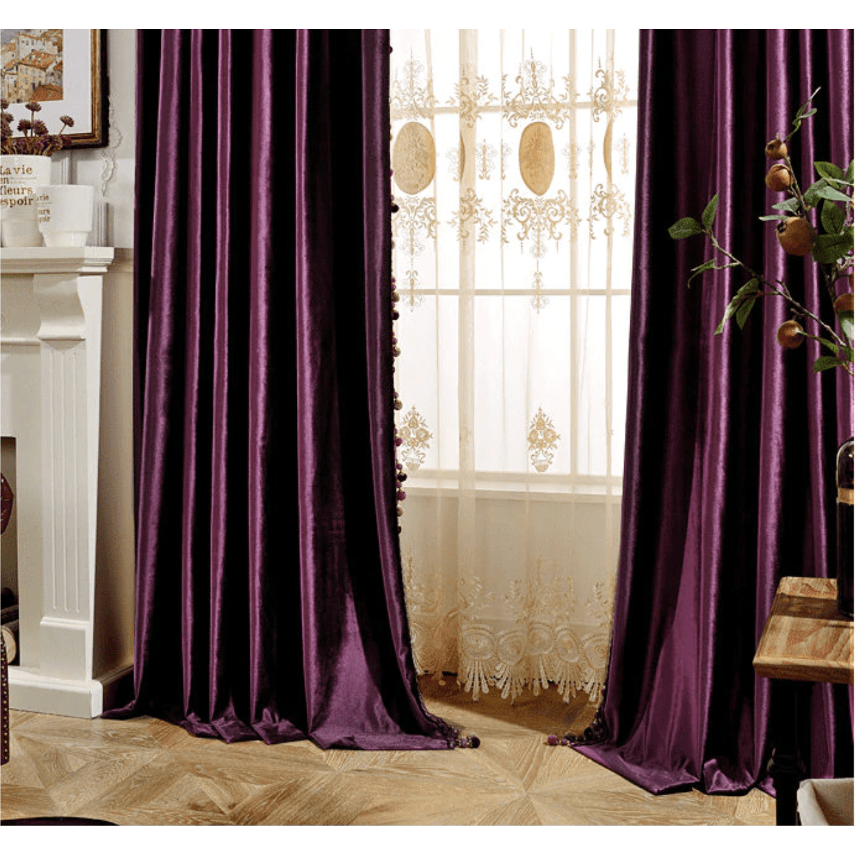 Rémy Luxury European Blackout Pompom Tassel Lace Velvet Curtains Purple Discover Curtains
