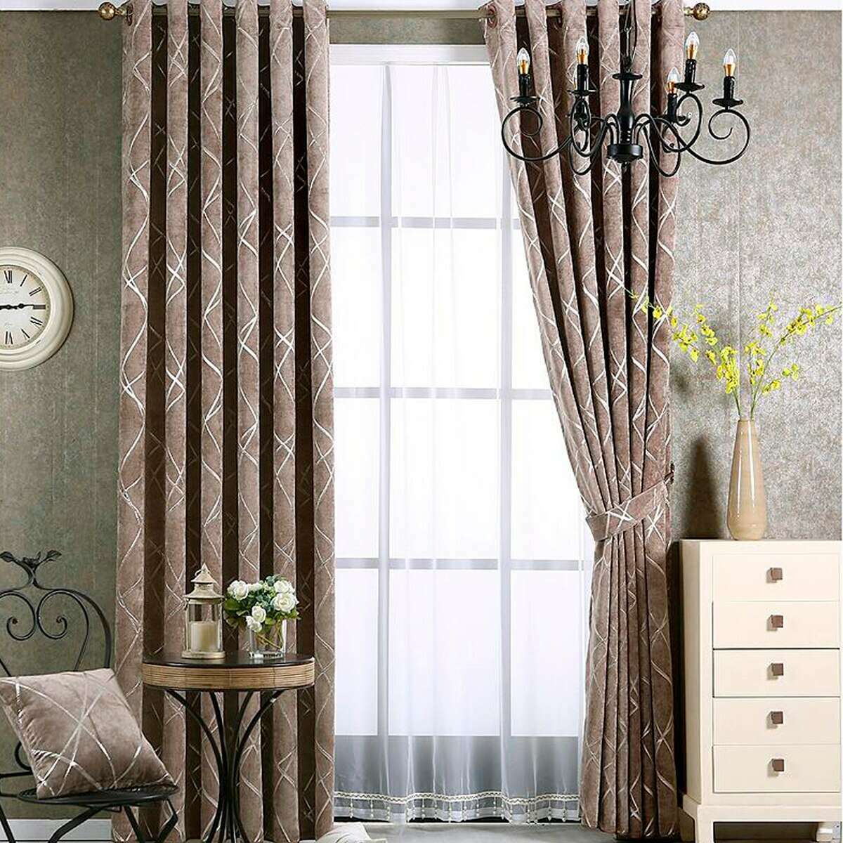 Zoey American Modern Luxury Stripe Pattern Blackout Curtain Set - Tan ...